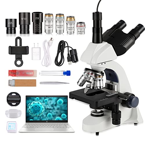 Professional Laboratory Research 40X-5000X Compound Trinocular Microscope for Adults Students with Storage Bag, Metal Eyepiece, Slides