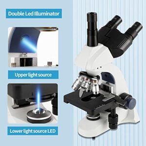 Professional Laboratory Research 40X-5000X Compound Trinocular Microscope for Adults Students with Storage Bag, Metal Eyepiece, Slides