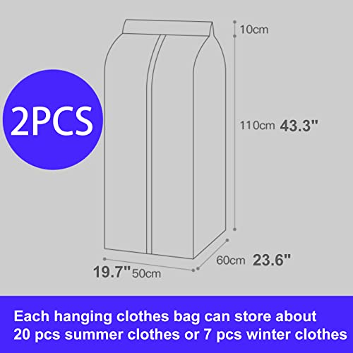 2 Pack 43" Large Clear Hanging Garment Bags for Storage Well Sealed Clothes Dust Cover with for Suit Coat Closet Rack (Rack not included)