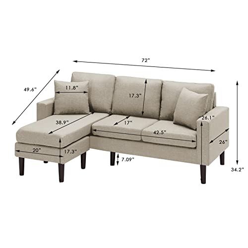 SoarFlash 72” Convertible Sectional Sofa Couch L-Shaped Couch Modern Linen Fabric 3-Seat Sofa Sectional with Reversible Chaise for Office,Living Room/Small Space(Beige)