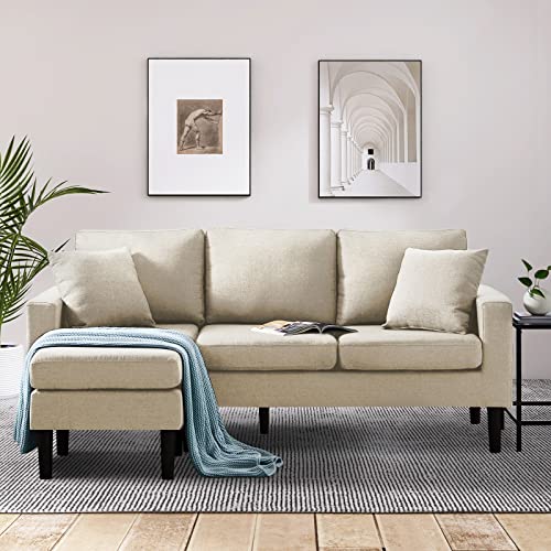 SoarFlash 72” Convertible Sectional Sofa Couch L-Shaped Couch Modern Linen Fabric 3-Seat Sofa Sectional with Reversible Chaise for Office,Living Room/Small Space(Beige)