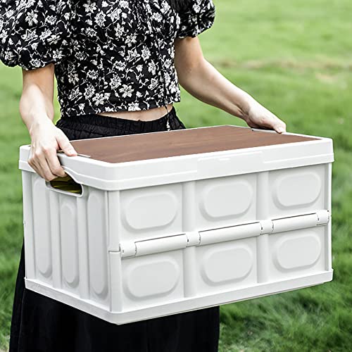 Folding Storage Bin with MDF Lid, 55L Storage Box Container Stackable Shelf Baskets Cloth Closet Car Organizers Outdoor Picnic Transport Box Toy Clothes Books Holder Plastic Collapsible Tote Crate