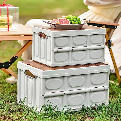 Folding Storage Bin with MDF Lid, 55L Storage Box Container Stackable Shelf Baskets Cloth Closet Car Organizers Outdoor Picnic Transport Box Toy Clothes Books Holder Plastic Collapsible Tote Crate