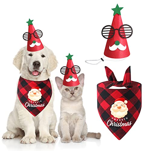 IDOLPET Dog Christmas Outfit Bandanas Hat Classic Plaid Pet Dog Christmas New Year Holiday Bandana Scarf Triangle Bibs Kerchief Costume Accessories for Small Medium Large Dogs Cats Pets (Red)…