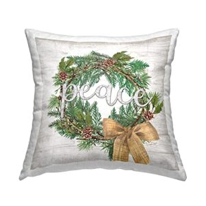 stupell industries holiday botanical wreath bow peace typography design by jennifer pugh throw pillow, 18 x 18, green