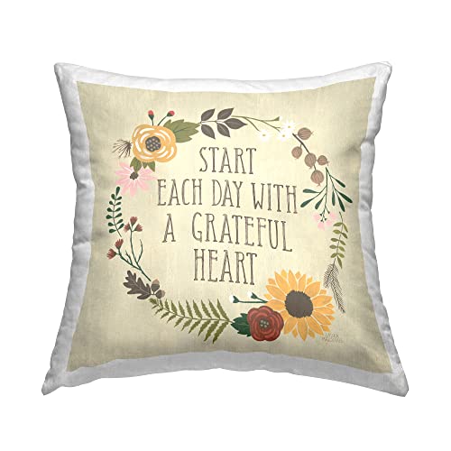 Stupell Industries Grateful Heart Botanical Bordered Phrase Design by Laura Marshall Throw Pillow, 18 x 18, Tan