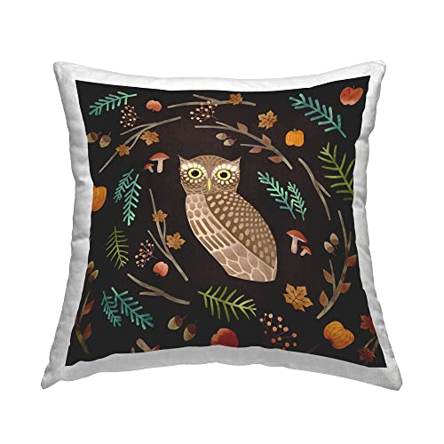 Stupell Industries Brown Owl Various Autumn Botanicals Plants Design by Ziwei Li Throw Pillow, 18 x 18, Multi-Color