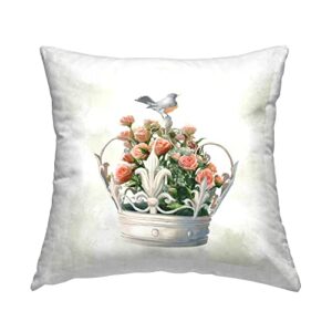 stupell industries bird perched regal crown pink rose bouquet design by ziwei li throw pillow, 18 x 18, green