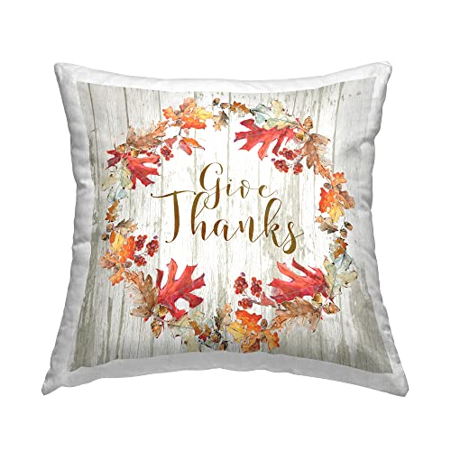 Stupell Industries Give Thanks Rustic Autumnal Border Design by Sally Swatland Throw Pillow, 18 x 18, Beige