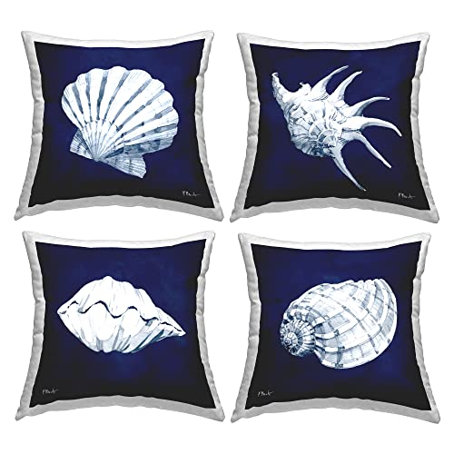 Stupell Industries Navy Blue Varied Seashells Aquatic Animals Design by Paul Brent Throw (Set of 4) Pillow, 18 x 18