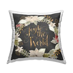 stupell industries joy to the world chic christmas holly wreath design by grace popp throw pillow, 18 x 18, grey