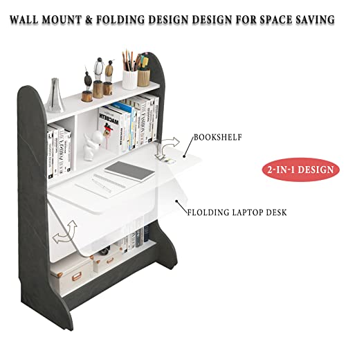 Pmnianhua Folding Wall Desk, Space Saving Removable Wall Desk with Storage Shelf Study Writing Table Freestanding Desk for Bedroom Small Space