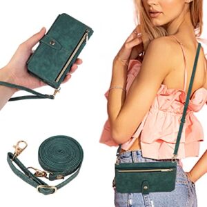 ueebai crossbody wallet case for iphone 7 plus/iphone 8 plus, 9 card slots adjustable crossbody zipper cover detachable lanyard strap flip case with hand strap kickstand case - retro green