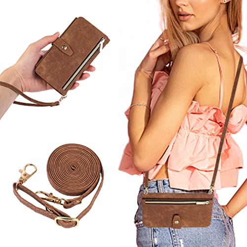 UEEBAI Crossbody Wallet Case for iPhone 11 6.1 inch, 9 Card Slots Adjustable Crossbody Zipper Cover Detachable Lanyard Strap Flip Case with Hand Strap Kickstand Case - Brown