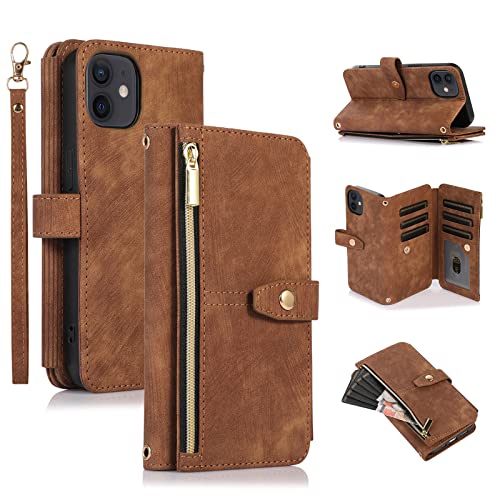 UEEBAI Crossbody Wallet Case for iPhone 11 6.1 inch, 9 Card Slots Adjustable Crossbody Zipper Cover Detachable Lanyard Strap Flip Case with Hand Strap Kickstand Case - Brown