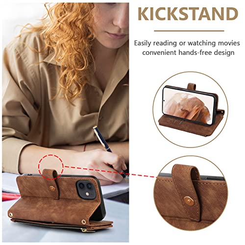 UEEBAI Crossbody Wallet Case for iPhone 11 6.1 inch, 9 Card Slots Adjustable Crossbody Zipper Cover Detachable Lanyard Strap Flip Case with Hand Strap Kickstand Case - Brown