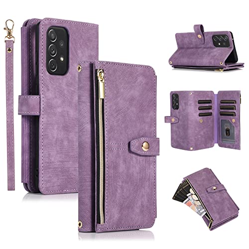 UEEBAI Crossbody Wallet Case for Samsung Galaxy A53 5G, 9 Card Slots Adjustable Crossbody Zipper Cover Detachable Lanyard Strap Flip Case with Hand Strap Kickstand Case - Purple