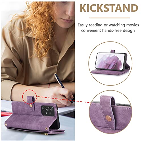 UEEBAI Crossbody Wallet Case for Samsung Galaxy A53 5G, 9 Card Slots Adjustable Crossbody Zipper Cover Detachable Lanyard Strap Flip Case with Hand Strap Kickstand Case - Purple