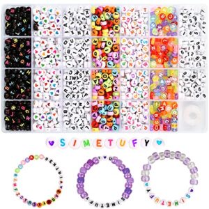 simetufy 1400pcs letter beads for bracelet jewelry making, 7 style colorful round alphabet beads number beads heart-shaped beads with 1 roll elastic string cord, beads kit (7x4mm) for diy arts crafts