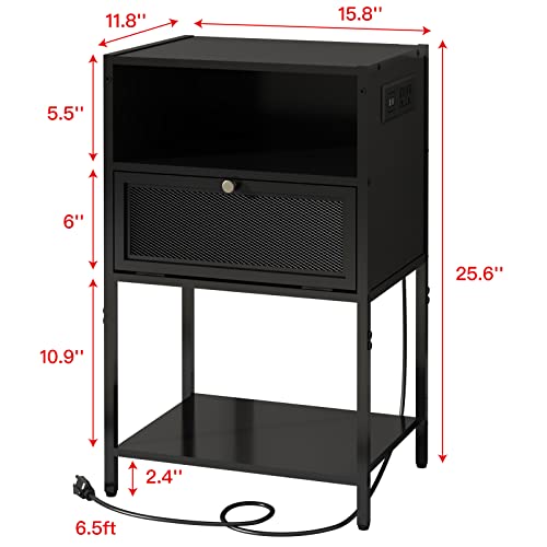 SOOWERY Nightstand with Charging Station, Bedside Tables with 3 Tiers Storage Space and Door, End Table with USB Ports and Outlets for Bedroom, Living Room, Black