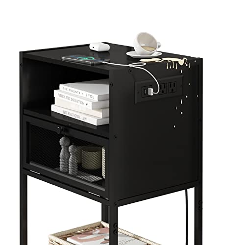 SOOWERY Nightstand with Charging Station, Bedside Tables with 3 Tiers Storage Space and Door, End Table with USB Ports and Outlets for Bedroom, Living Room, Black