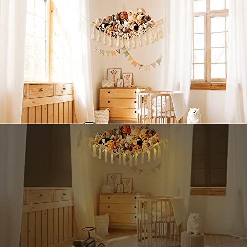 Stuffed Animal Net or Hammock Stuffed Animal Storage with Led Extra Large Stuffed Animal Net Boho Toy Hammock for Stuffed Animals Plush Cream Toy Storage Holder for Kids Bedroom (White)