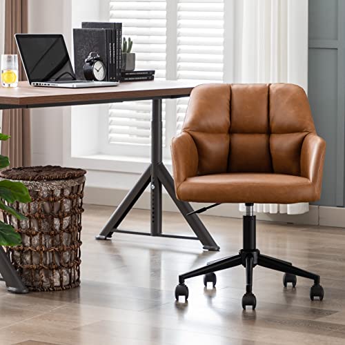 RIVOVA Modern PU Leather Office Desk Chair with Armrest, Height Adjustable Wide Seat Computer Task Chair for Home Office, Mid Back Accent Chair, Brown