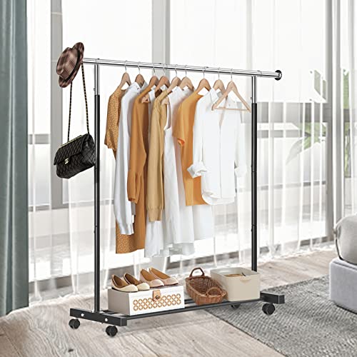 CANPA Clothes Rack, 55.51 Inch Garment Rack with Wheels and Bottom Shelf, 130LB Capacity Clothing Racks for Hanging Clothes, Coats, Shirts, Sweaters, Skirts, Black