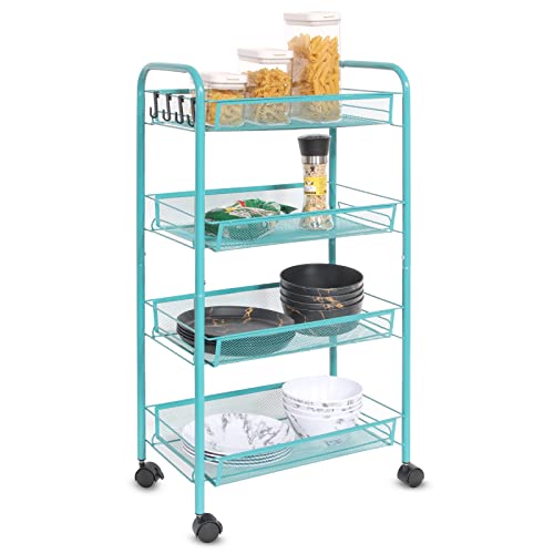 Ruishetop Rolling Push Cart Stand Shelves, Storage Rack with Wheels with Mesh Wire Basket, Multifunction Metal Trolley Organizer for Home, Office, Bedroom, Bathroom, Kitchen (4-Tier Rack Blue)