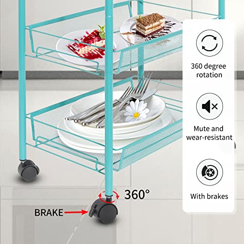 Ruishetop Rolling Push Cart Stand Shelves, Storage Rack with Wheels with Mesh Wire Basket, Multifunction Metal Trolley Organizer for Home, Office, Bedroom, Bathroom, Kitchen (4-Tier Rack Blue)