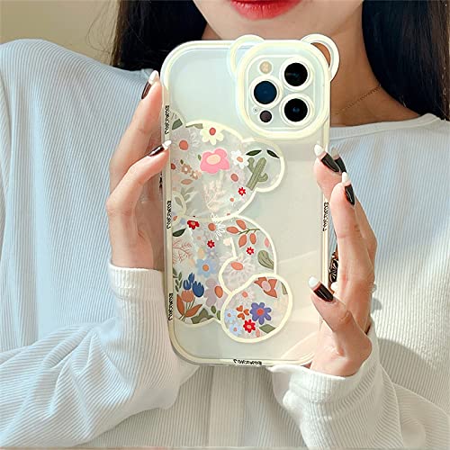 Aitipy Compatible with iPhone 12 Case, Cute Flowers Floral Bear Cover with Lovely Wrist Strap Bracelet Chain for Girls Women, Clear Kawaii Camera Protection Pretty Trendy Phone Skin