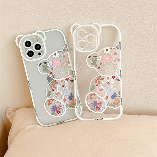 Aitipy Compatible with iPhone 12 Case, Cute Flowers Floral Bear Cover with Lovely Wrist Strap Bracelet Chain for Girls Women, Clear Kawaii Camera Protection Pretty Trendy Phone Skin