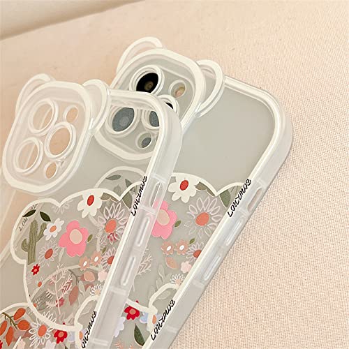 Aitipy Compatible with iPhone 12 Case, Cute Flowers Floral Bear Cover with Lovely Wrist Strap Bracelet Chain for Girls Women, Clear Kawaii Camera Protection Pretty Trendy Phone Skin