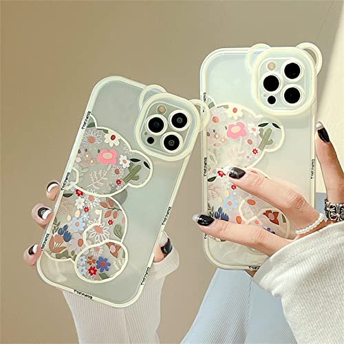 Aitipy Compatible with iPhone 12 Case, Cute Flowers Floral Bear Cover with Lovely Wrist Strap Bracelet Chain for Girls Women, Clear Kawaii Camera Protection Pretty Trendy Phone Skin