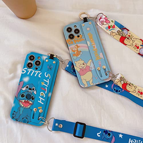 Hosiss Cartoon Case for iPhone 13 Pro Max 6.7" with HD Screen Protector, Stitch Upgraded Wrist Strap Band Adjustable Lanyard TPU Shockproof Protective Phone Case for Women