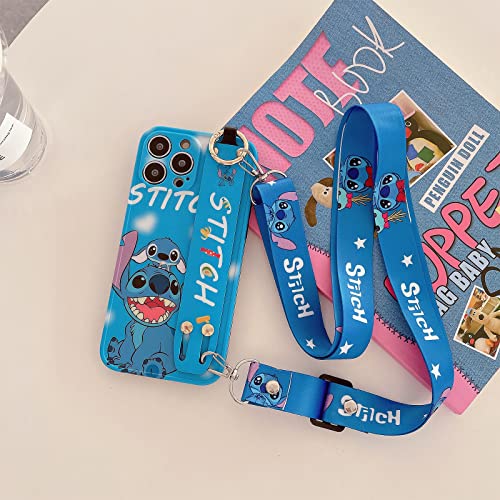 Hosiss Cartoon Case for iPhone 13 Pro Max 6.7" with HD Screen Protector, Stitch Upgraded Wrist Strap Band Adjustable Lanyard TPU Shockproof Protective Phone Case for Women