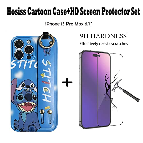 Hosiss Cartoon Case for iPhone 13 Pro Max 6.7" with HD Screen Protector, Stitch Upgraded Wrist Strap Band Adjustable Lanyard TPU Shockproof Protective Phone Case for Women