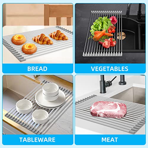 VMVN Dish Drying Rack,Over The Sink Dish Drying Rack,Dish Racks for Kitchen Counter,Roll Up Sink Drying Rack,20.5"x12.2"Stainless Steel Dish Drainers,Kitchen Sink Accessories