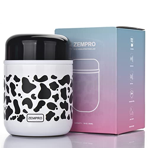 ZEMPRO Cute 10 Oz Thermos Food Jar for Hot & Cold Food Soup Wide Mouth Leak Proof Stainless Steel Insulated Vacuum Container Small Travel Work Lunch Bento(Cow Print)