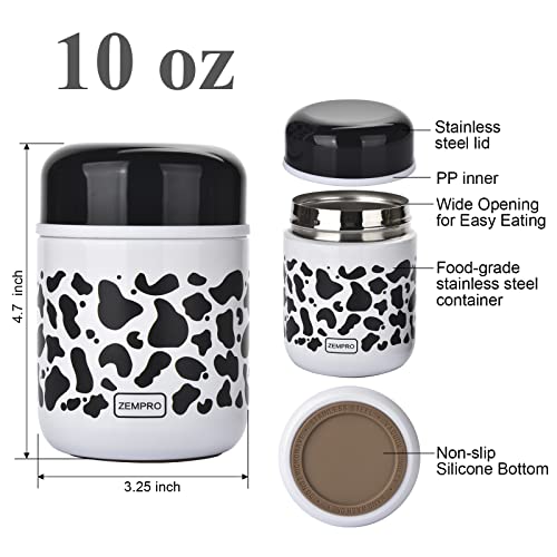 ZEMPRO Cute 10 Oz Thermos Food Jar for Hot & Cold Food Soup Wide Mouth Leak Proof Stainless Steel Insulated Vacuum Container Small Travel Work Lunch Bento(Cow Print)