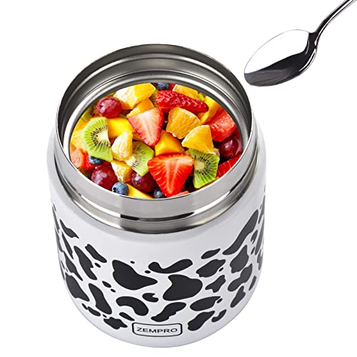 ZEMPRO Cute 10 Oz Thermos Food Jar for Hot & Cold Food Soup Wide Mouth Leak Proof Stainless Steel Insulated Vacuum Container Small Travel Work Lunch Bento(Cow Print)