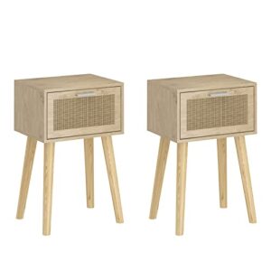 laatooree nightstand set of 2, boho bedside table with rattan door solid wood feet for bedroom living room small space