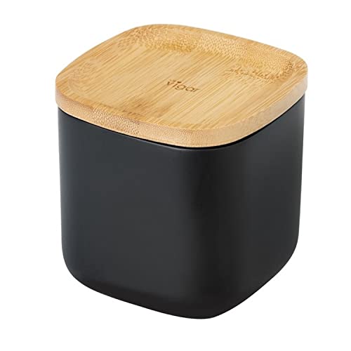 Vigar Zense Collection Cool Black Square Toiletries Container Box with Lid, Holder for Cotton Balls and Hair Accessories, for Modern Luxury Bathroom and Bedroom, Fine Polyresin Stone and Bamboo