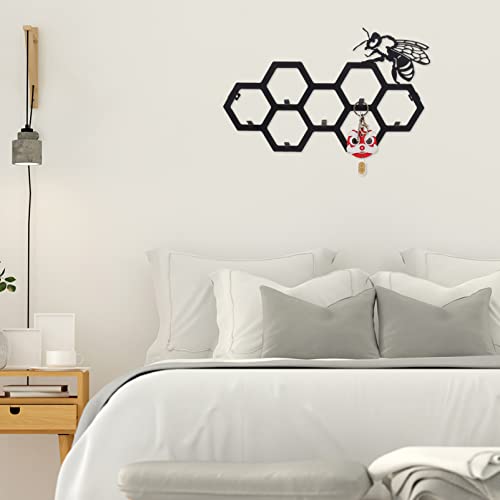 Cabilock 1pc Holder Multi- for Hook Hexagon Towels Rack Hanging Organizer Mounted Dog Wall Scarves Pattern Wooden Craft Household Metal Black Rustic Honeycomb Bedroom Key