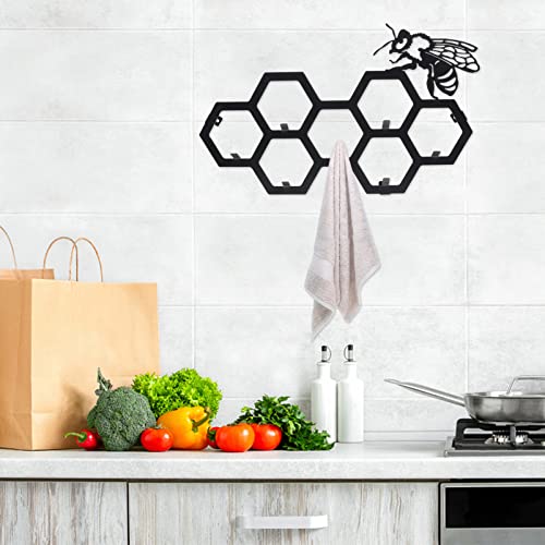 Cabilock 1pc Holder Multi- for Hook Hexagon Towels Rack Hanging Organizer Mounted Dog Wall Scarves Pattern Wooden Craft Household Metal Black Rustic Honeycomb Bedroom Key