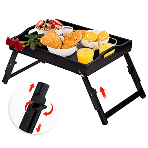 Greenual Breakfast Bed Tray for Eating with Adjustable Height Serving Tray with Folding Legs Food Tables with Locking Legs Phone Holder Portable Laptop Snack Platter for Bedroom Picnic - Black