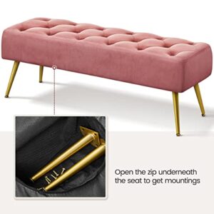 Yaheetech Modern Ottoman Bench Velvet Bench Upholstered Footrest for Living Room with Gold Metal Legs and Padded Seat Pink