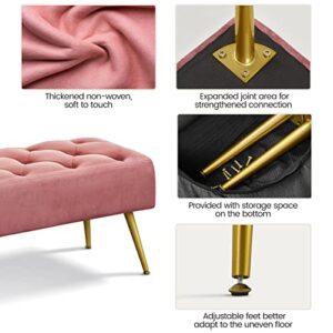 Yaheetech Modern Ottoman Bench Velvet Bench Upholstered Footrest for Living Room with Gold Metal Legs and Padded Seat Pink