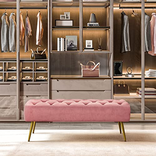 Yaheetech Modern Ottoman Bench Velvet Bench Upholstered Footrest for Living Room with Gold Metal Legs and Padded Seat Pink