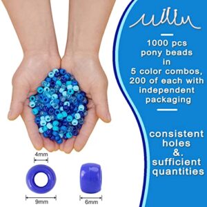 MIIIM 1000PCS 6x9mm Pony Beads Bulk, 5 Styles Blue Pony Beads for Bracelets Making Kit, Kandi Beads, Hair Beads for Braids, Craft Beads for Jewelry Making (Blue)